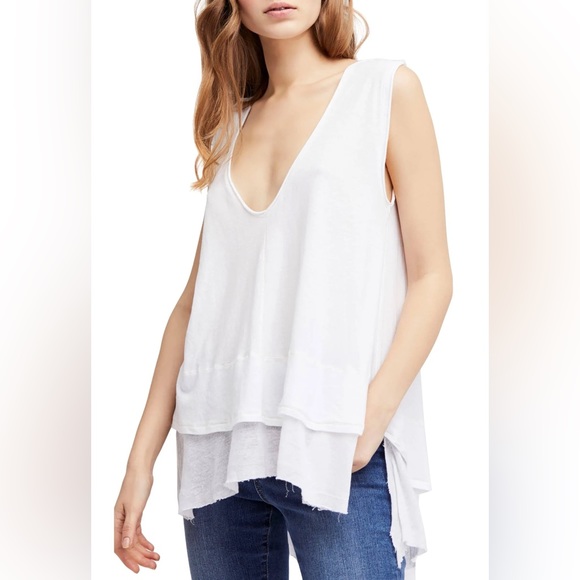 Free People | Tops | Free People Peachy Tank Top White Distressed Boho ...